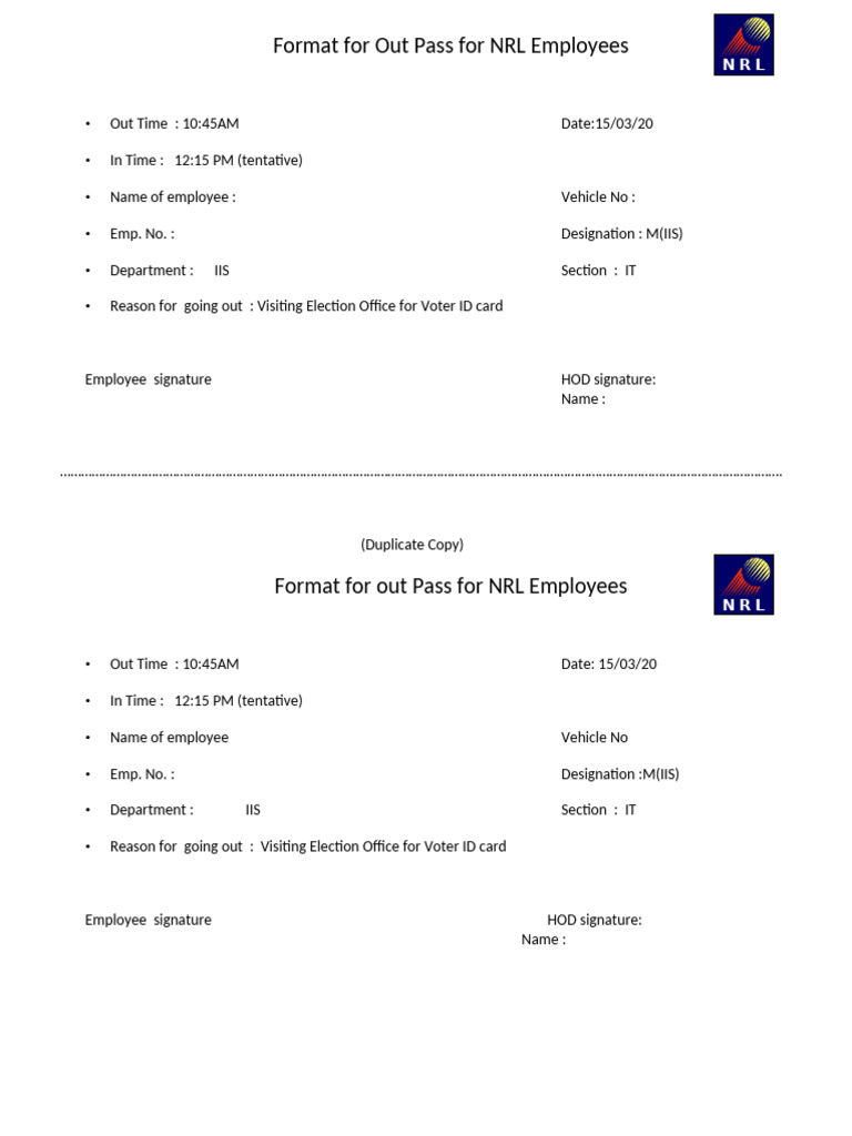NRL46201652357PM Format For Out Pass For NRL Employees | PDF