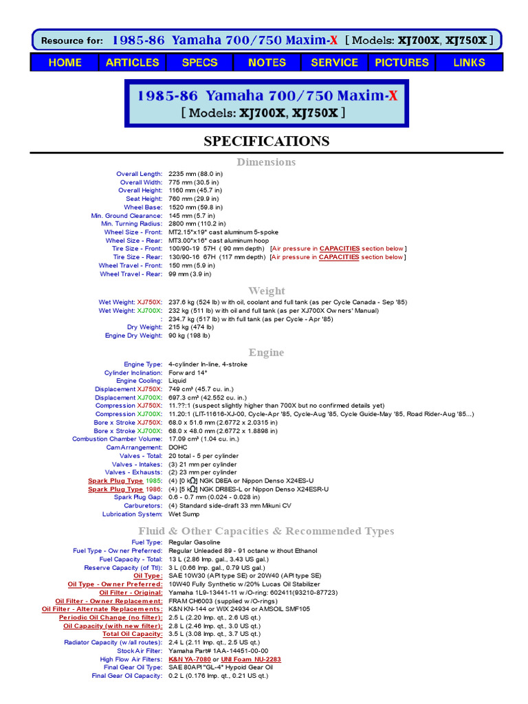 Maximum Maxim-X - XJ750X and XJ700X Specifications | PDF | Gasoline | Gear