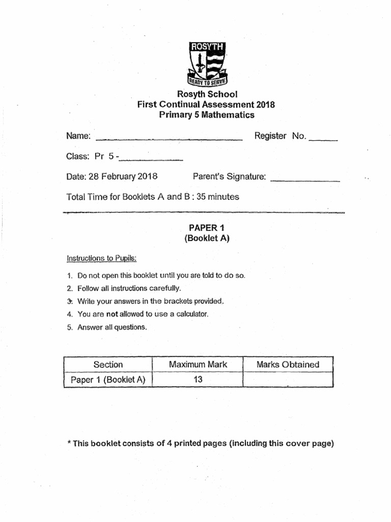 P5 Maths CA1 2018 Rosyth Exam Papers | PDF