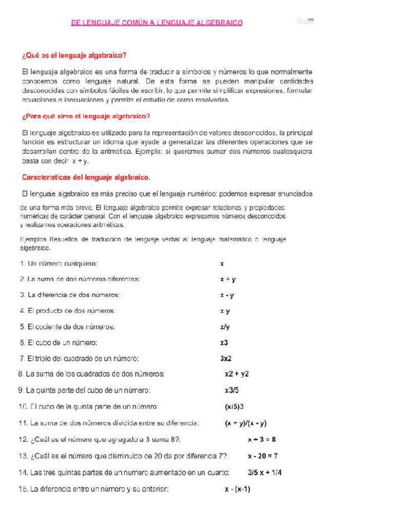 Lenguaje Algebraico | PDF