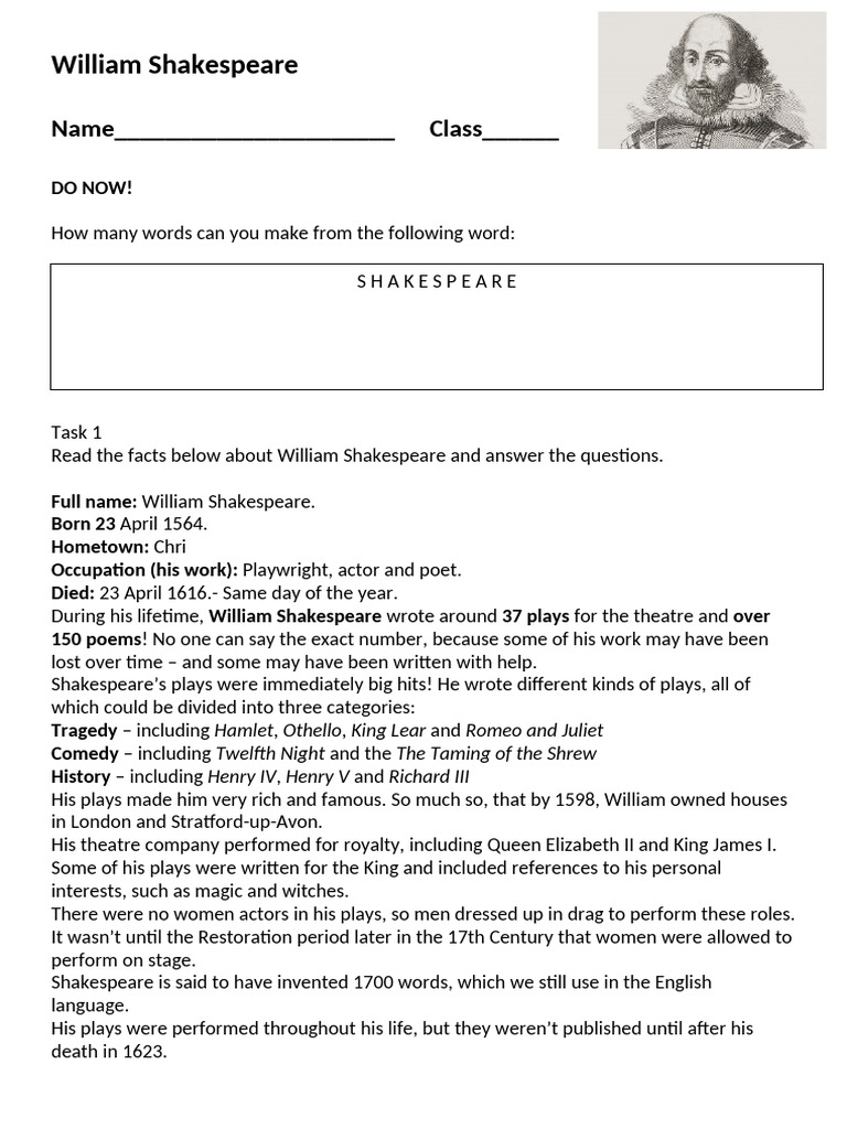 Shakespeare's Birth and Legacy | PDF | William Shakespeare | Play (Theatre)