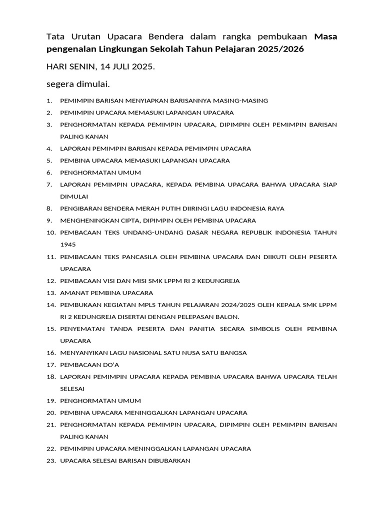 Susunan Upacara Pembukaan Dan Penutupan MPLS | PDF
