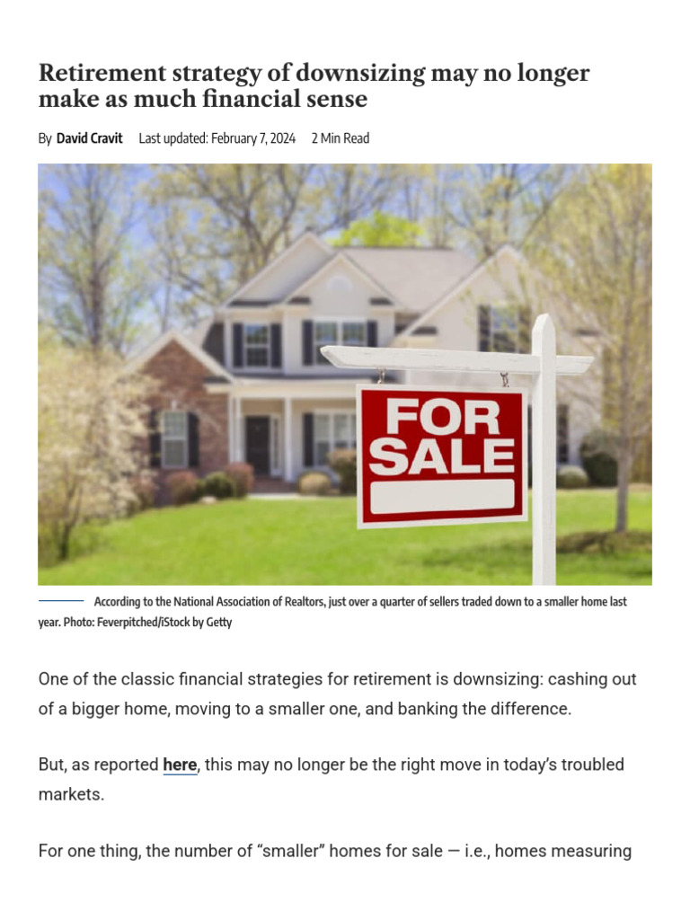 Retirement Strategy of Downsizing May No Longer Make As Much Financial ...