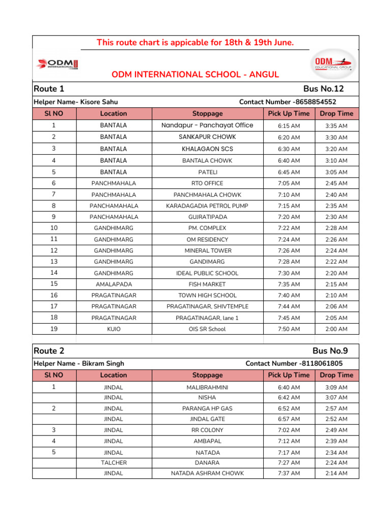 Bus Route Chart For Class - Ix - Xii Ois Ang | PDF