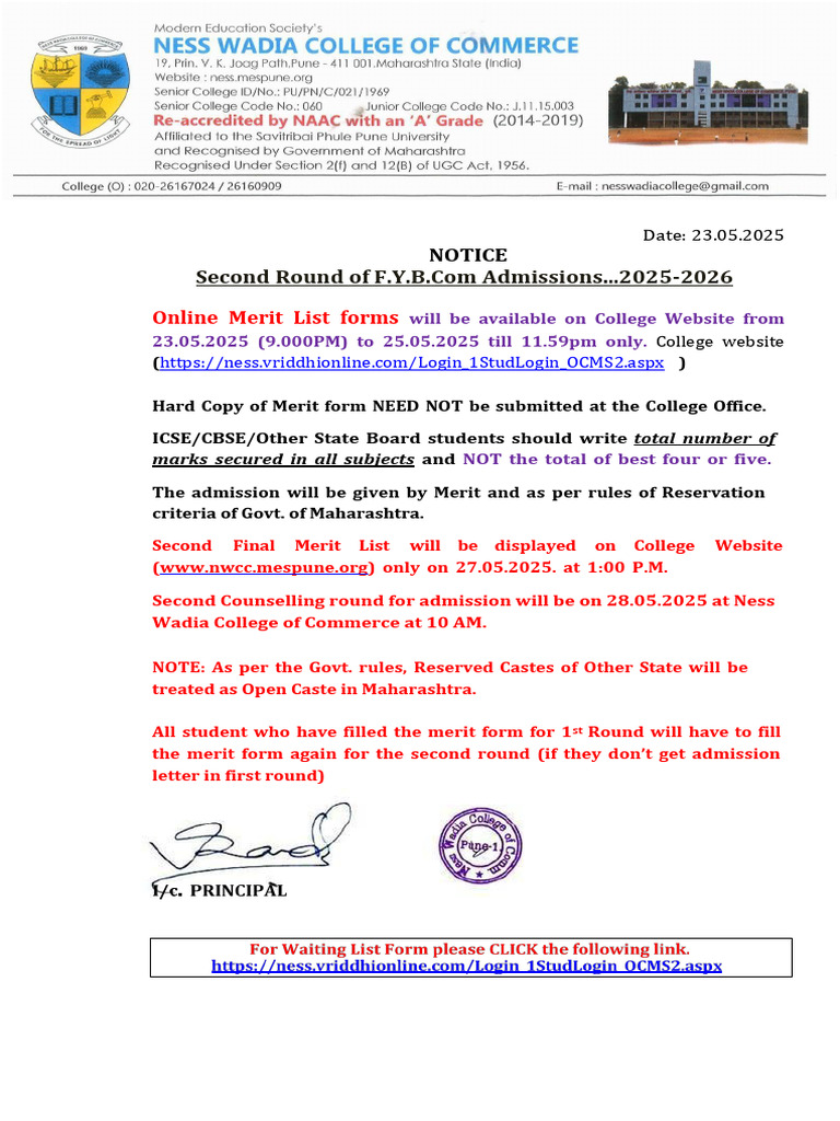 Notice. For F.Y.B.Com - Second Merit Form - 2025-2026 23.05.2025@NWCC | PDF