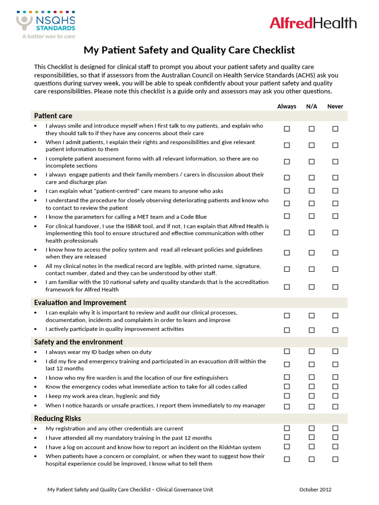 Handout My Patient Safety and Quality Care Checklist | PDF | Patient ...