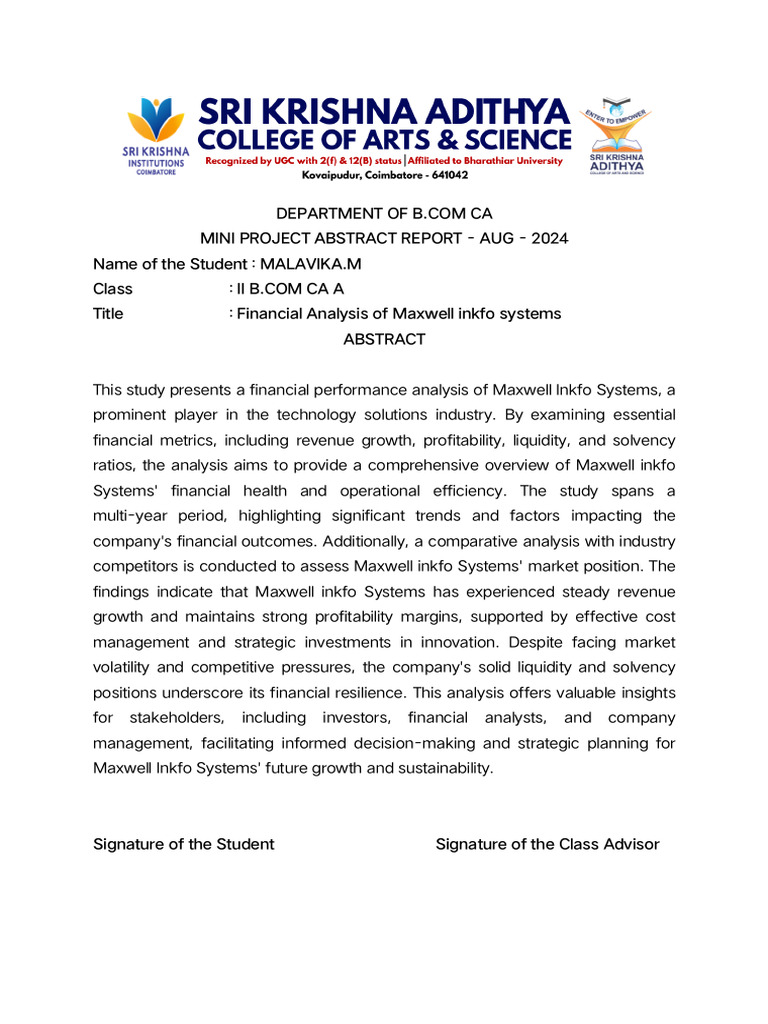 Mini Project Abstract Report - Aug - 2024 Name of The Student: MALAVIKA ...