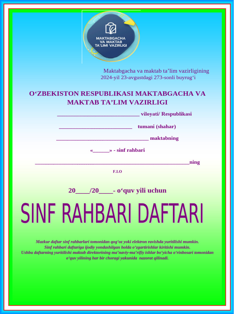 Sinf Rahbar Daftari 2024-2025 Yil-N | PDF