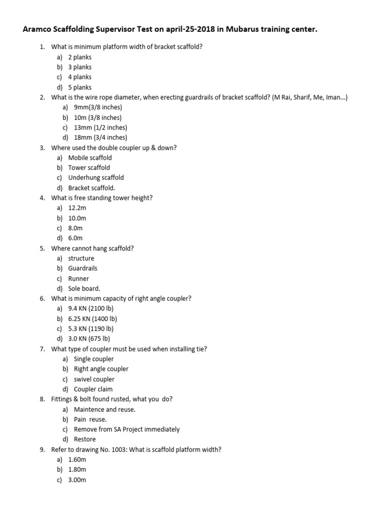 Aramco Scaffolding Supervisor Test Q&A | PDF | Scaffolding ...