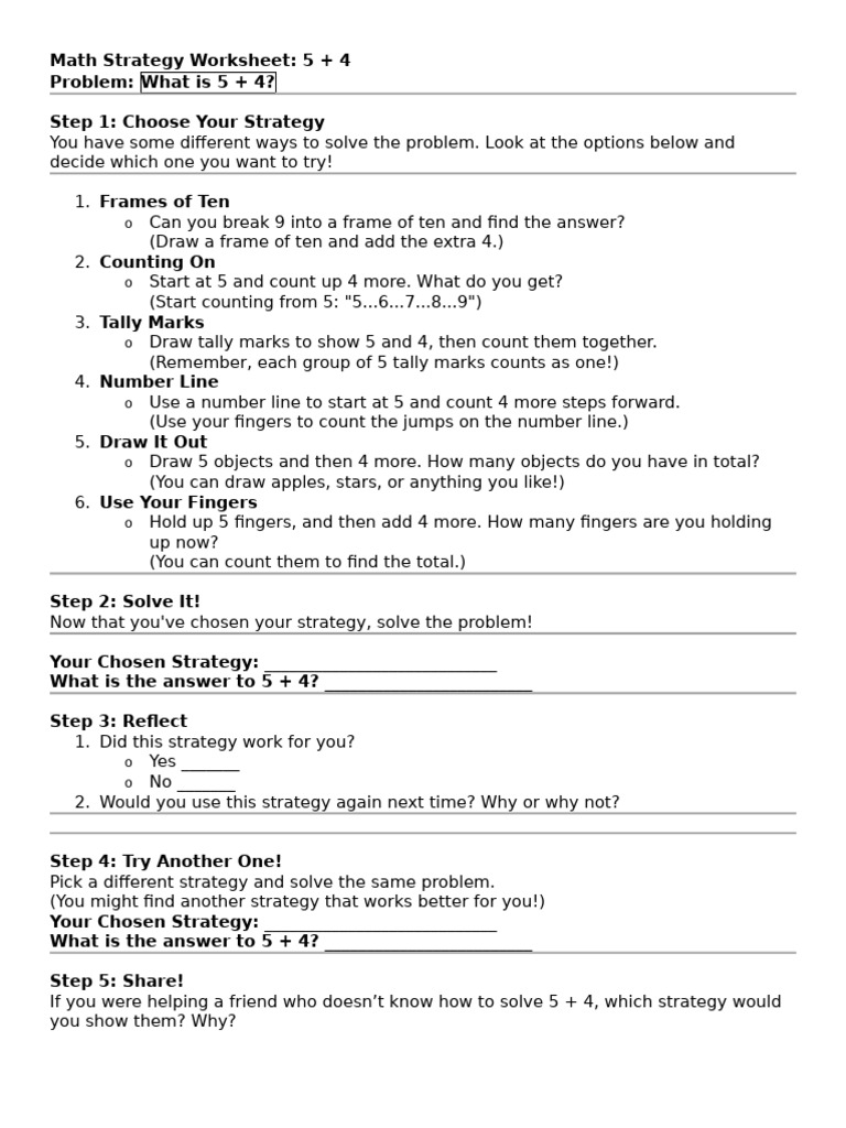 Math Strategy Worksheet | PDF