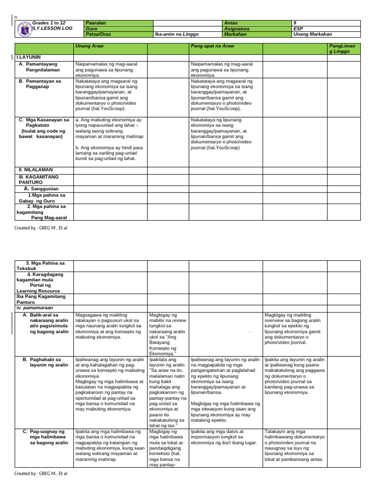 DLL Esp9 Q1 WK6 | PDF