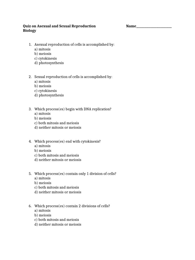 Quiz On Asexual and Sexual Reproduction Name - Biology | PDF