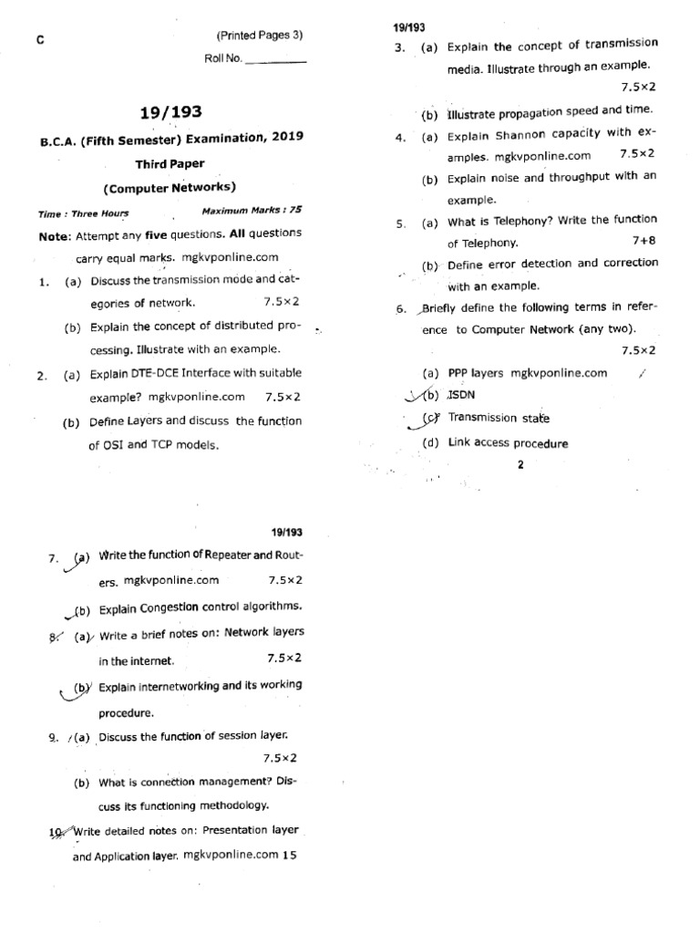 Bca 5 Sem Computer Networks Paper 3 2019 | PDF