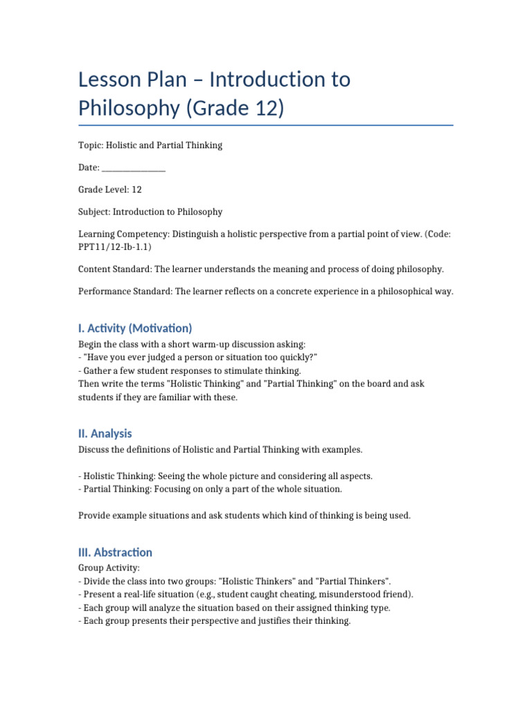 Lesson Plan Holistic and Partial Thinking | PDF