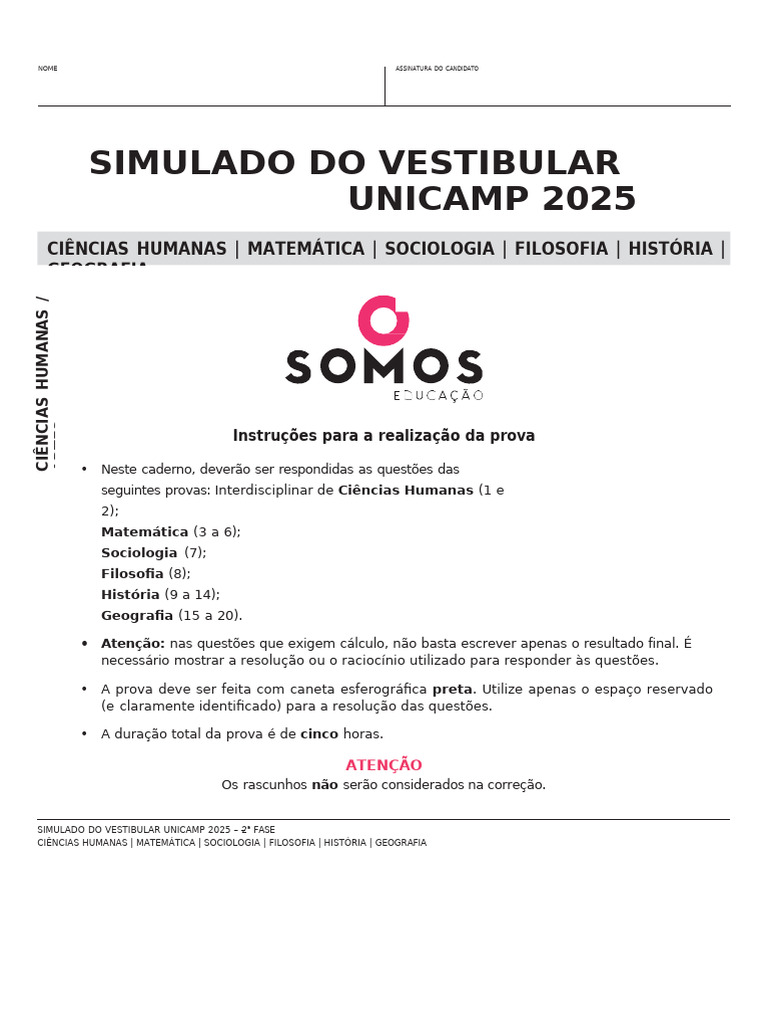 Prova - Simulado SOMOS Unicamp - 2025 - 2 Fase - 2º Dia - Ciências ...