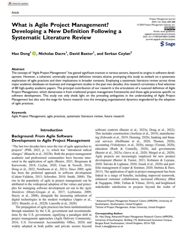 Dong Et Al 2024 What Is Agile Project Management Developing A New Definition Following A ...