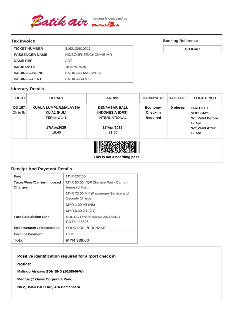 Electronic Ticket Receipt, April 17 For MR CHOUAIB NIDBOUFKER | PDF