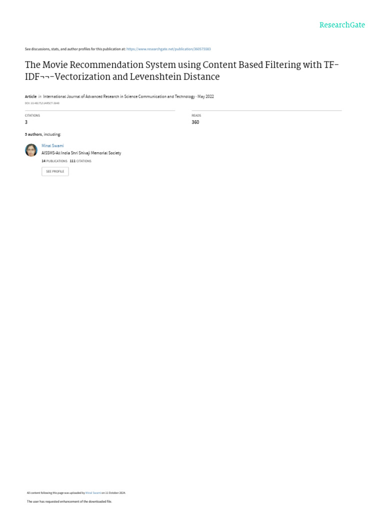 Content Based Movie Recommendation System Using Tf Idf And Cosine Similarity Pdf Computing