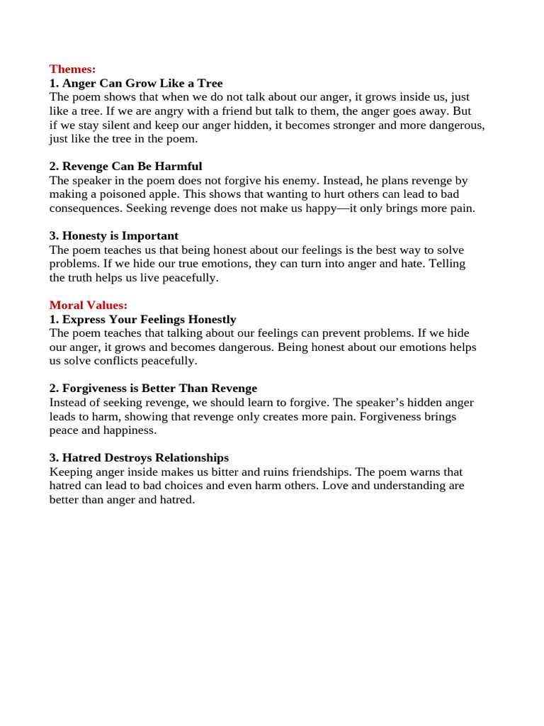 A Poison Tree Themes and Moral Values | PDF
