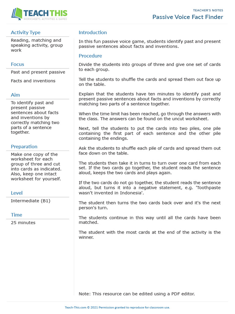 Passive Voice Fact Finder Activity | PDF