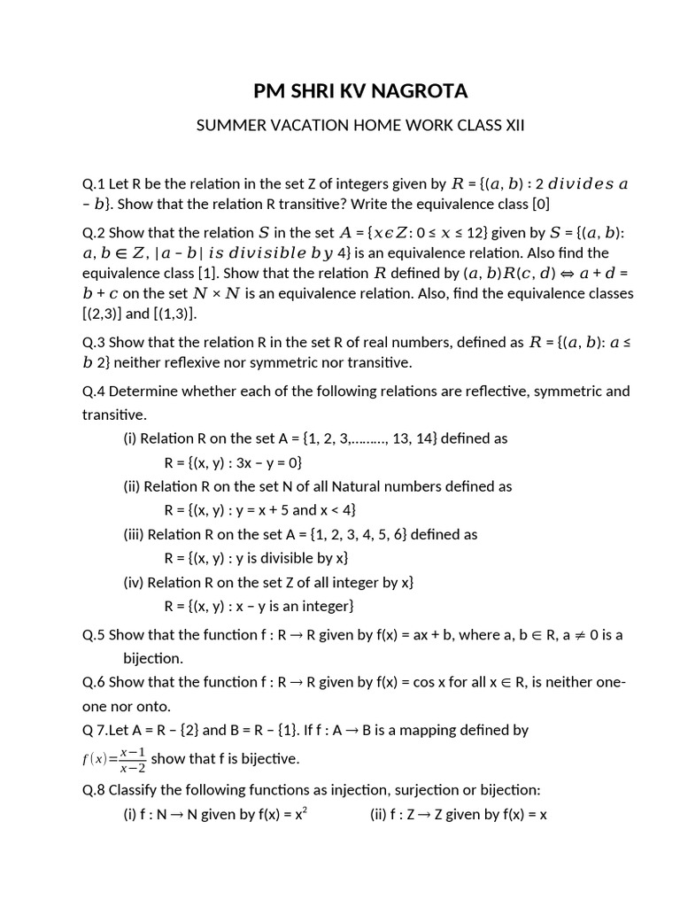 Class XII Math HW Summer Vacation | PDF | Mathematical Relations ...