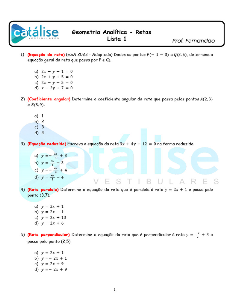Matemática - Geometria Analítica - Retas - Lista 1 | PDF | Linha ...