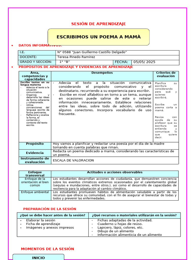 1º U2 S3 Sesion D3 Com Escribimos Un Poema Por El Dia de La Madre (1 ...
