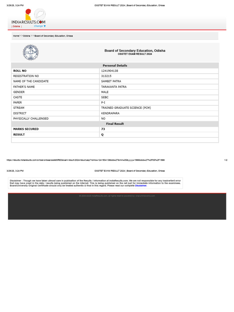 OSSTET EXAM RESULT 2024 - Board of Secondary Education, Orissa | PDF | Educational Stages