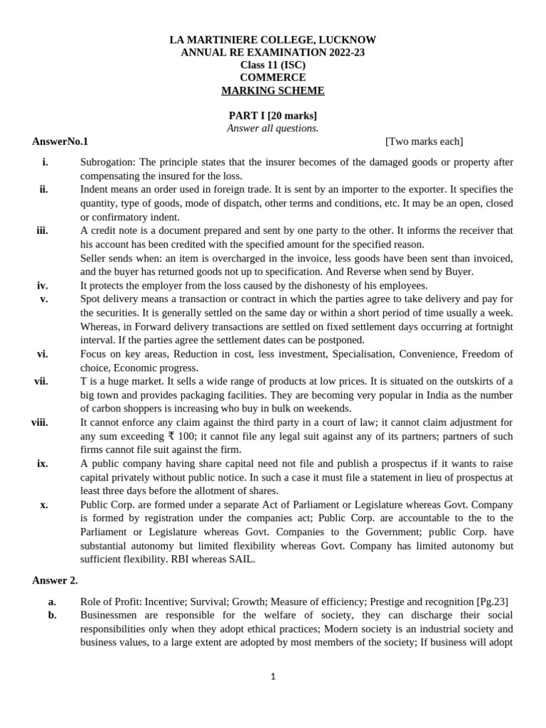 Re Examination Marking Scheme Commerce Class 11 | PDF | Insurance ...
