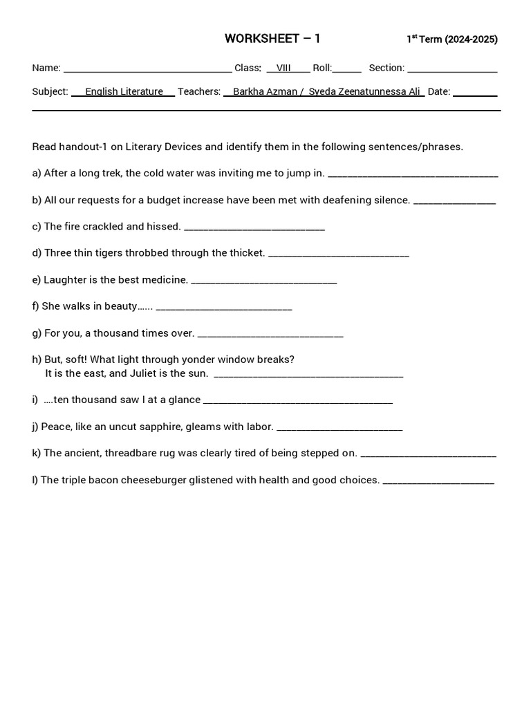 VIII-English Literature-Worksheet 1 | PDF