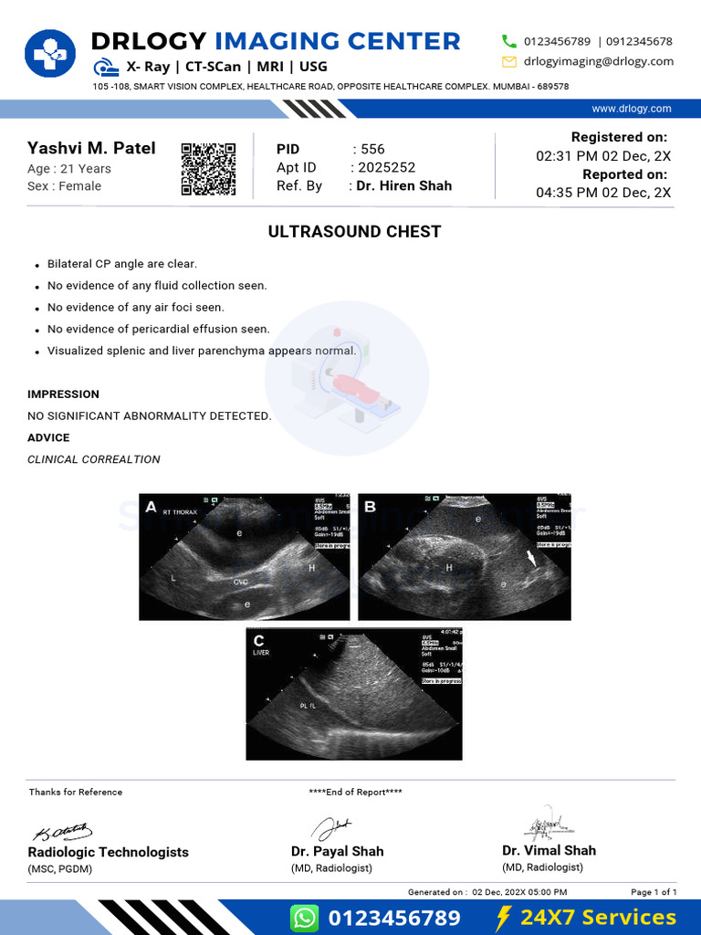 Ultrasound Chest Report Format Example Sample Template Drlogy Lab ...