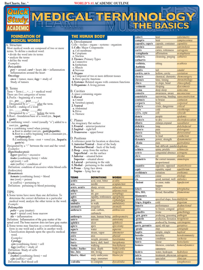 BarCharts QuickStudy Medical Terminology - The Basics (Sample) | PDF | Anatomical Terms Of ...