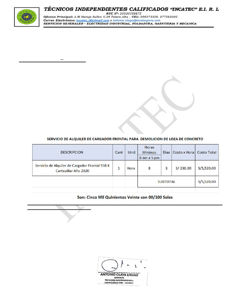 Coti N°218-2024 Incatec Serv de Alquiler Cargador Demolicion y Eliminacion de Concretos Planta ...