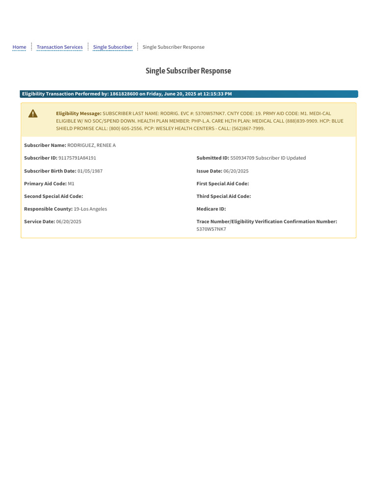 Medi-Cal Single Subscriber Response | PDF