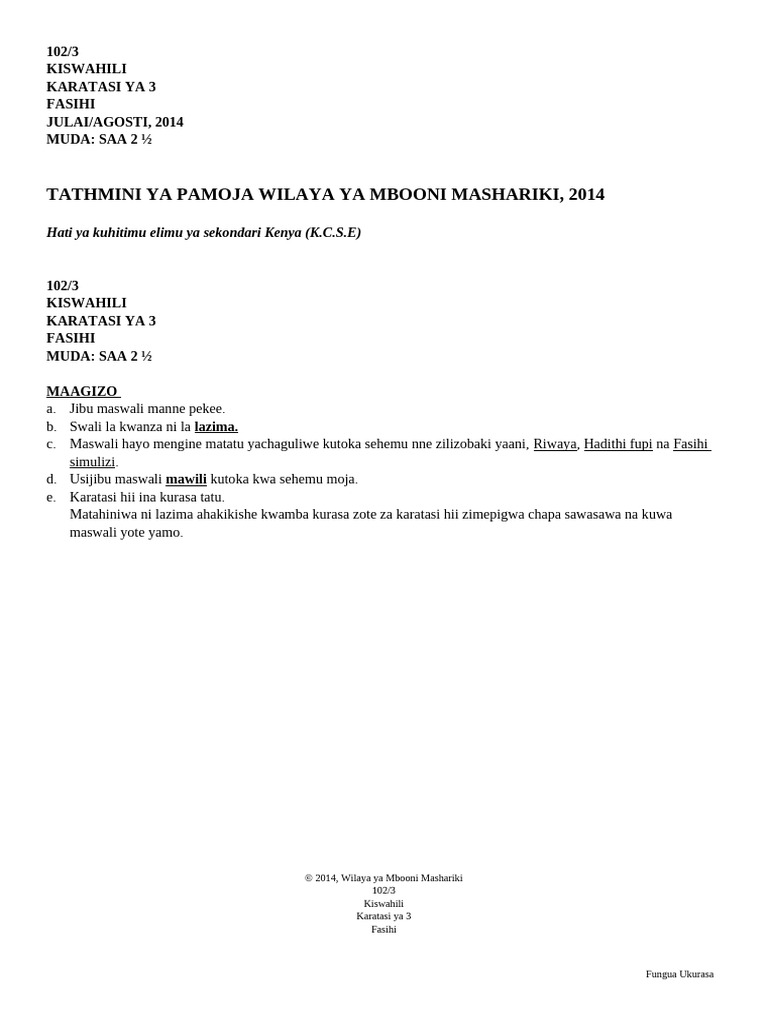 Mbooni East Kiswa p3 | PDF