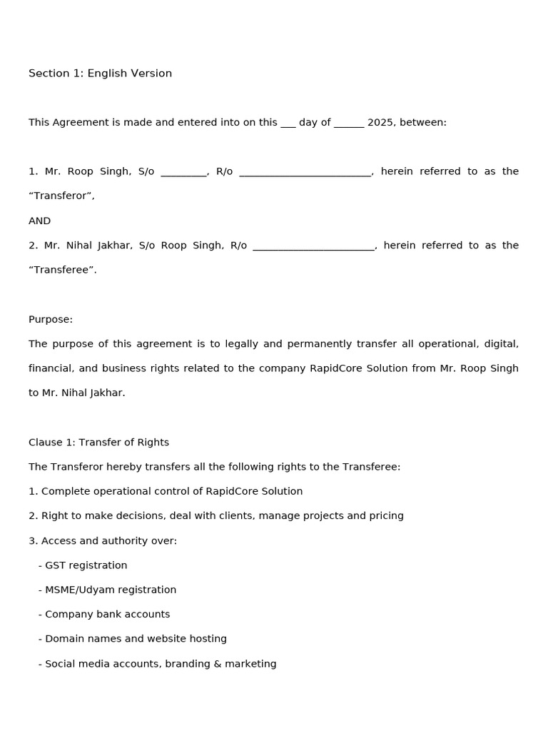 Legal Rights Transfer Agreement Nihal Roop Bilingual | PDF