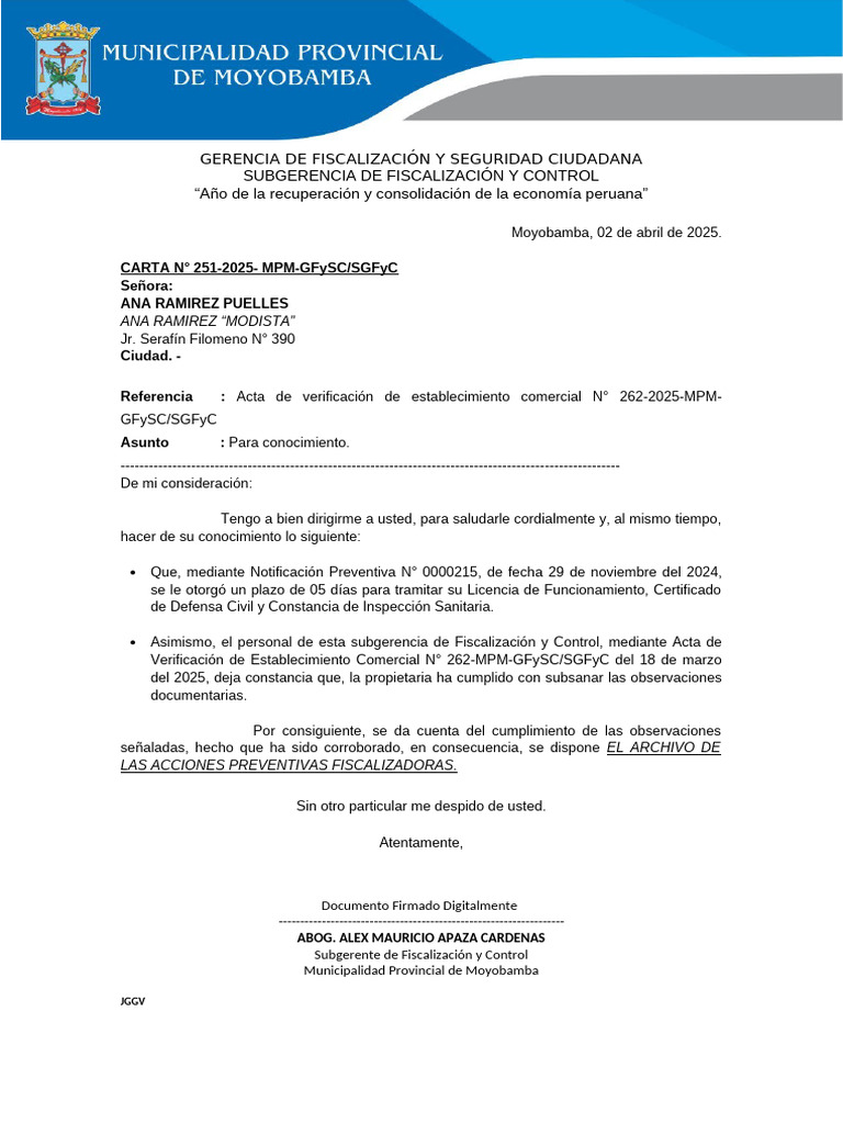 251-2025 Archivo Carta-Ana Ramirez "Modista" | PDF