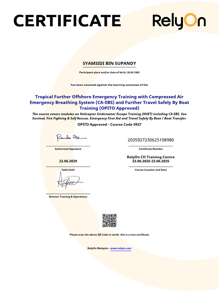 Relyon - Opito Certificate | PDF