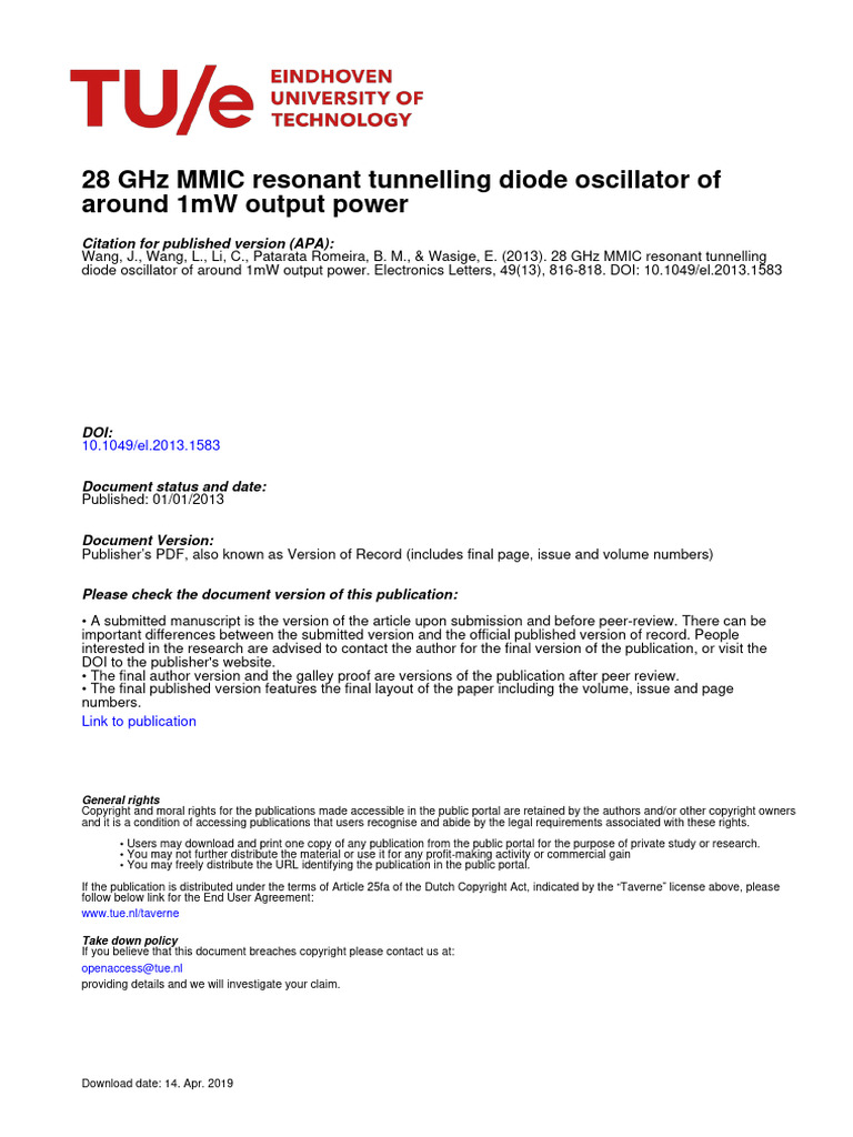 28 GHZ MMIC Resonant Tunnelling Diode Os | PDF | Electronic Oscillator | Capacitor