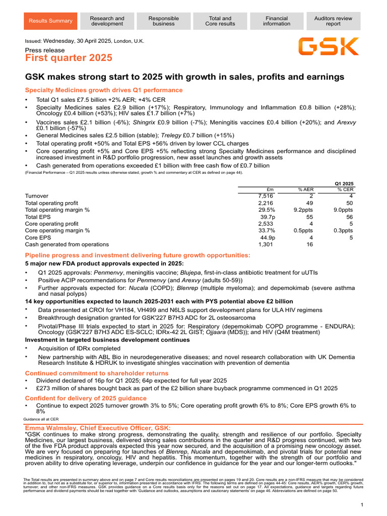 q1 2025 Results Announcement GSK | PDF | Taxes | Equity (Finance)