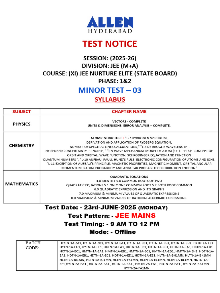 23rd, June Jee Nurture Elite Test Notice (State Board) . | PDF | Atomic ...