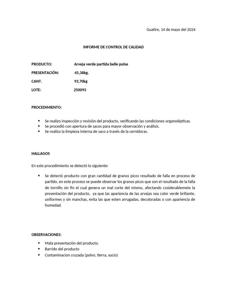 Informe de Merma Arvejas Verde Partida Belle Pulses Barrido | PDF