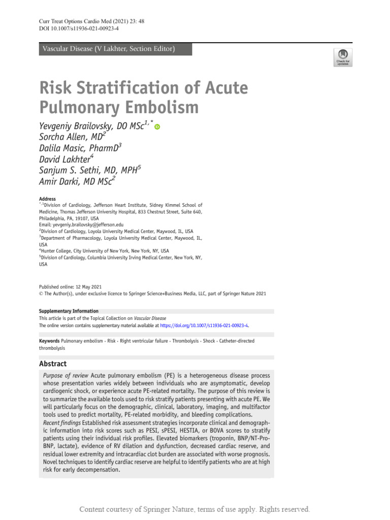 Acute Pulmonary Embolism Risk Stratification | PDF | Blood Pressure ...