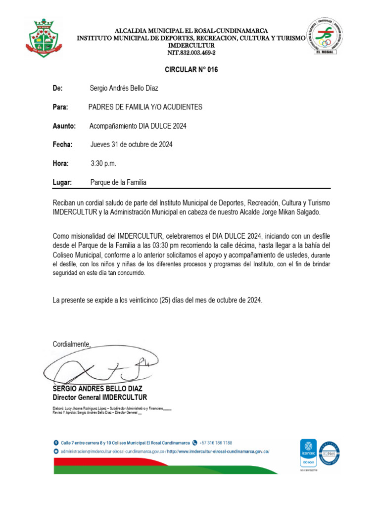 Circular #016 De: Para: Asunto: Fecha: Hora: Lugar | PDF