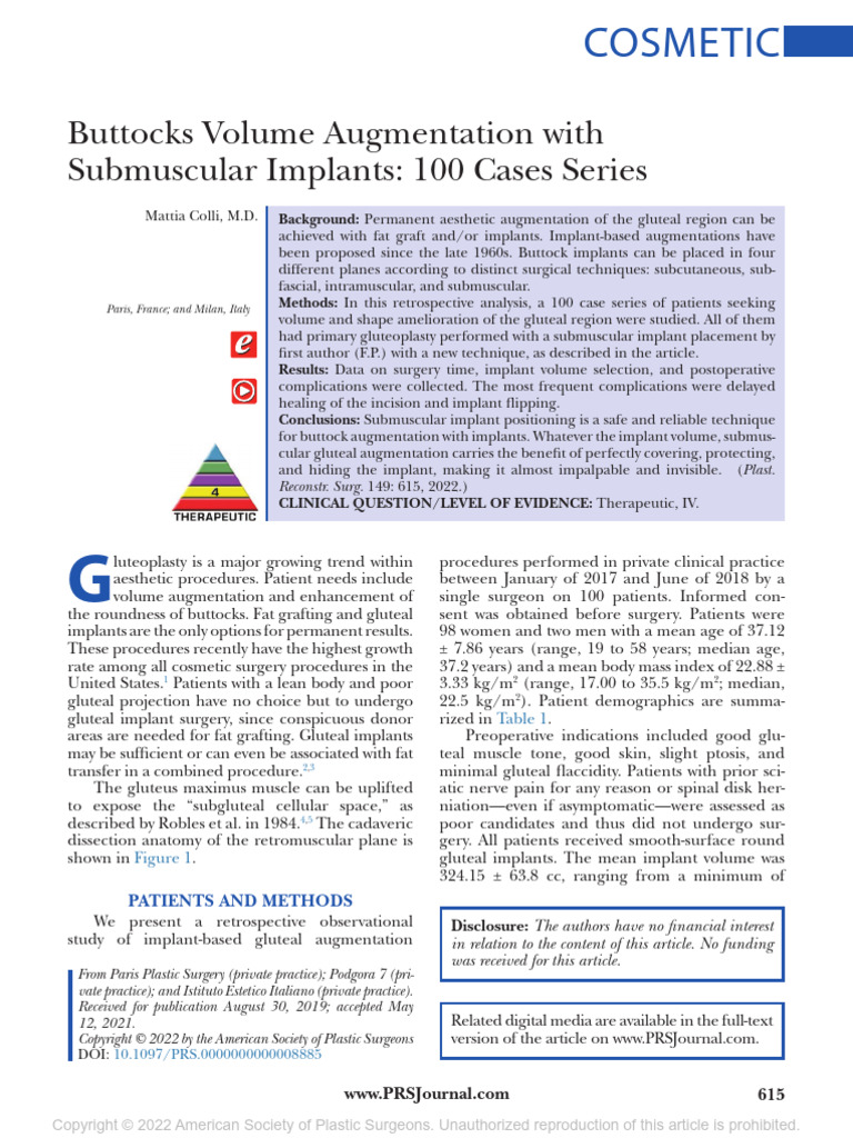 Buttocks Volume Augmentation With Submuscular Implants 100 Cases Serie ...