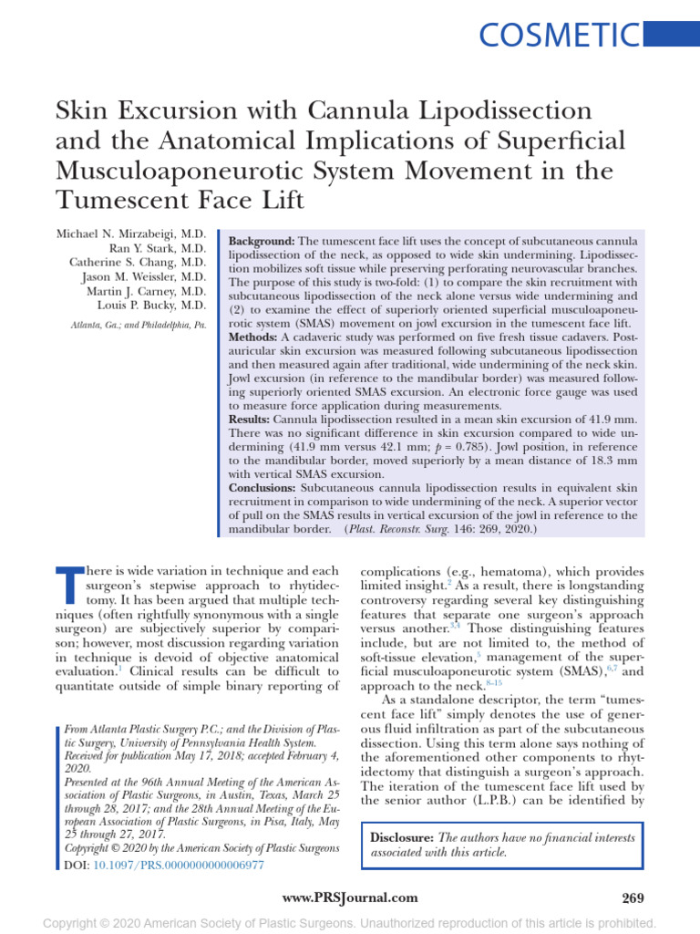 Skin Excursion With Cannula Lipodissection Tumescent Face Lift 2020 ...