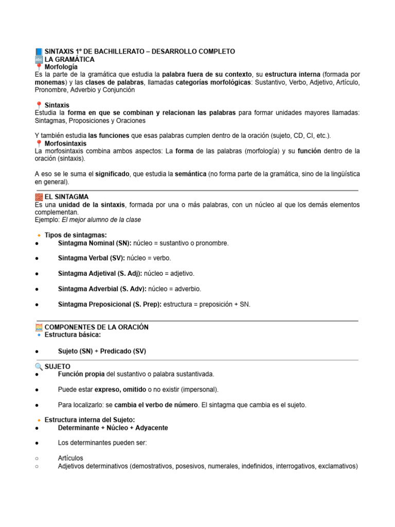 ? Sintaxis 1º de Bachillerato - Desarrollo Completo | PDF | Predicado (Gramática) | Adverbio