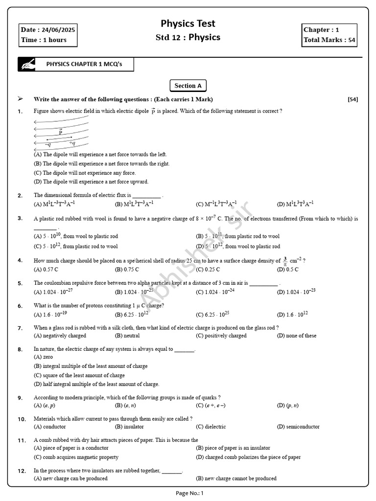 Physics Chapter 1 Mcq's 1750776681 | PDF | Electric Charge | Electric Field