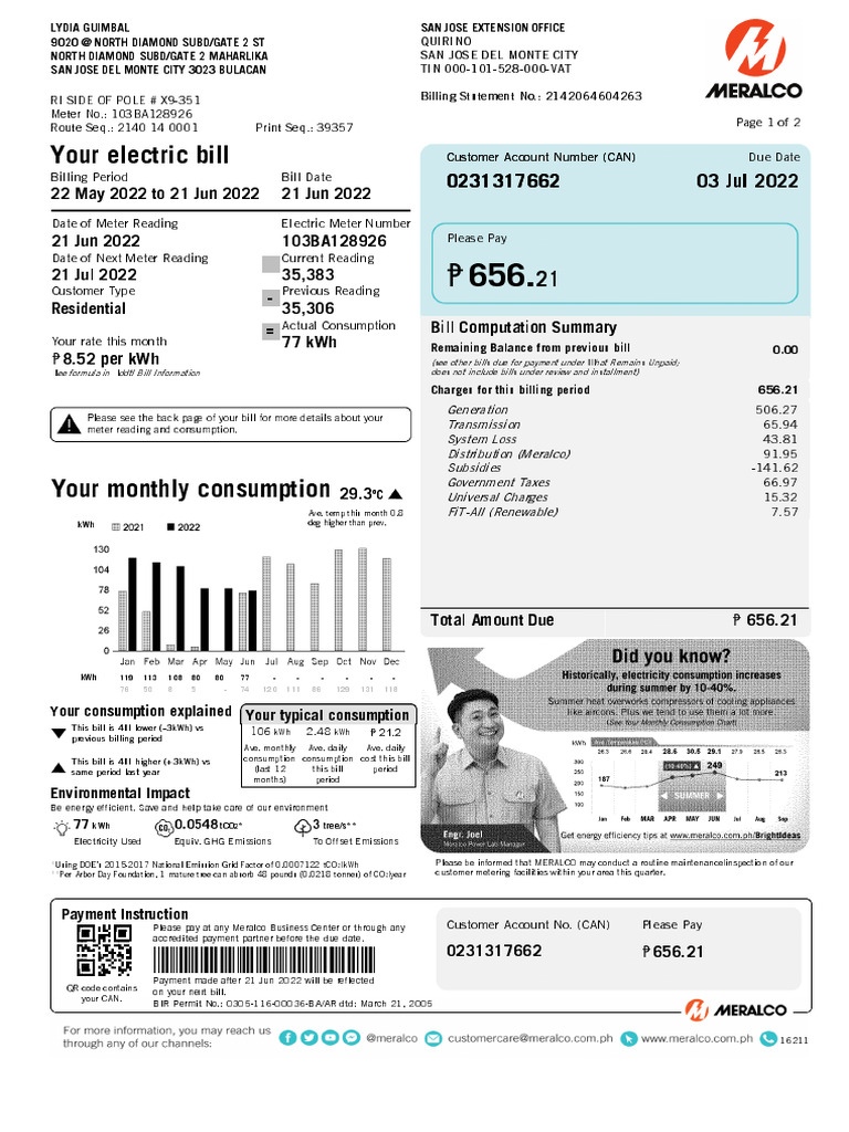 Meralco Bill Sample for July 2022 | PDF | Power (Physics)