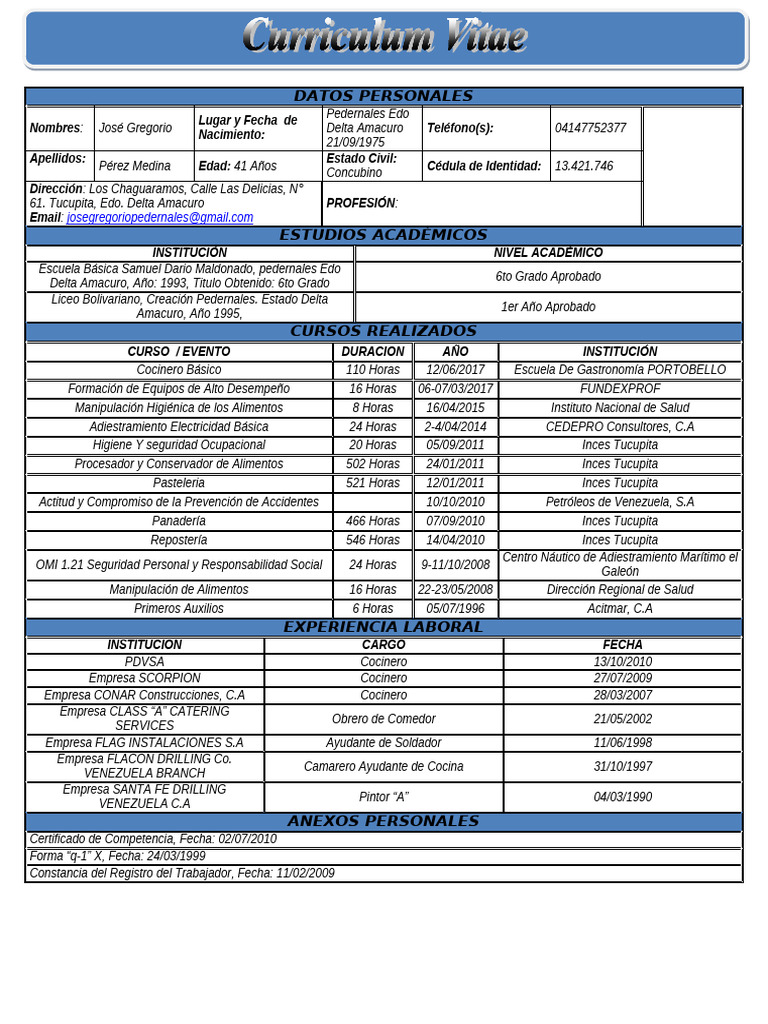 Curriculo Jose Gregorio | PDF